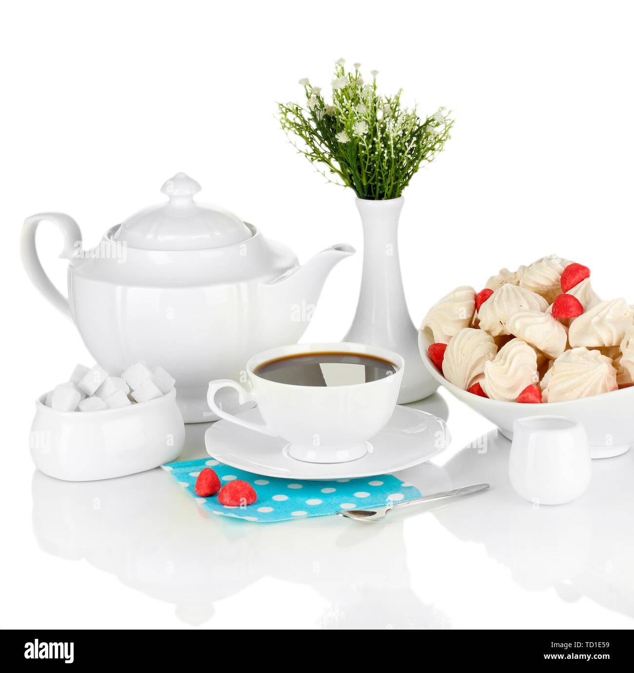 Beautiful white dinner service with an air meringues isolated on white ...