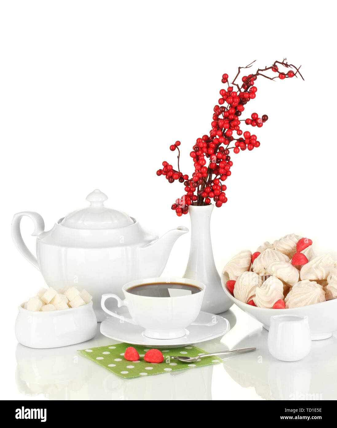 Beautiful white dinner service with an air meringues isolated on white ...