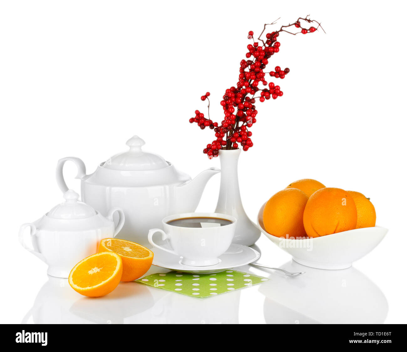 Beautiful white dinner service with oranges isolated on white Stock ...