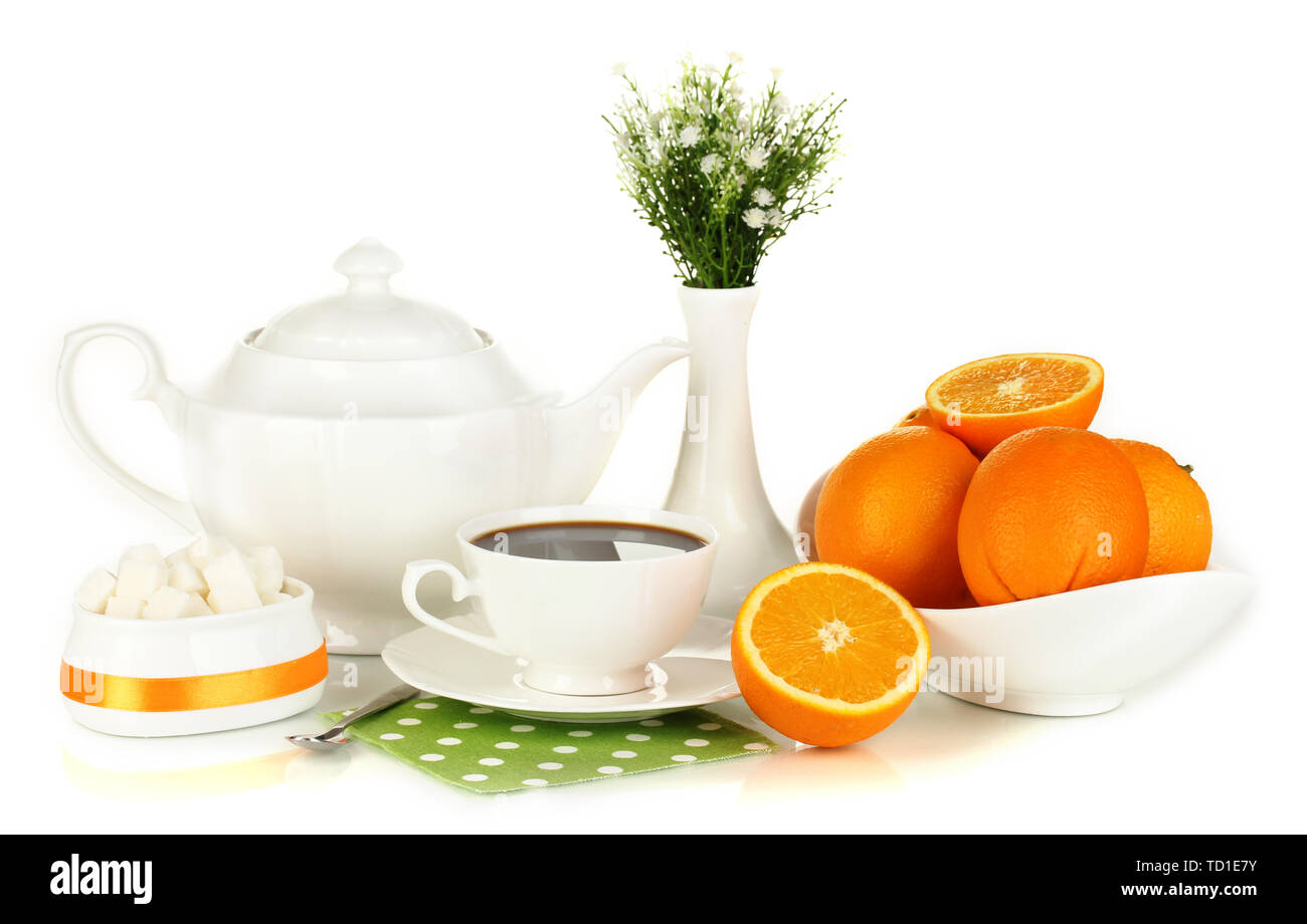 Beautiful white dinner service with oranges isolated on white Stock ...