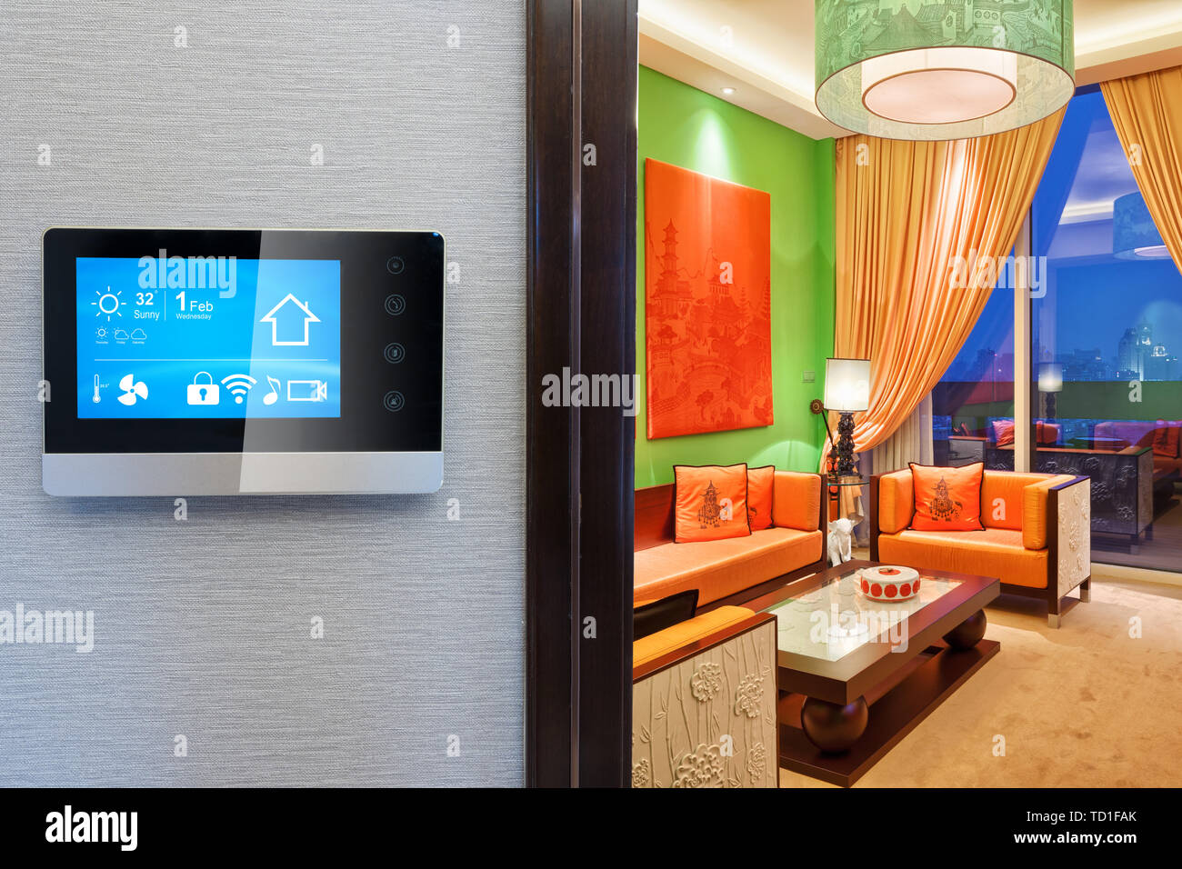 smart screen with smart home with modern living room Stock Photo - Alamy