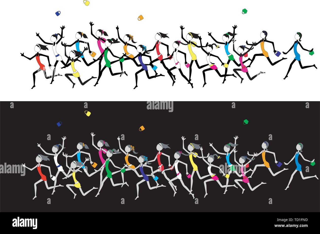 Fun Stick Figure Girls in Colorful Dresses Running - each girl grouped ...