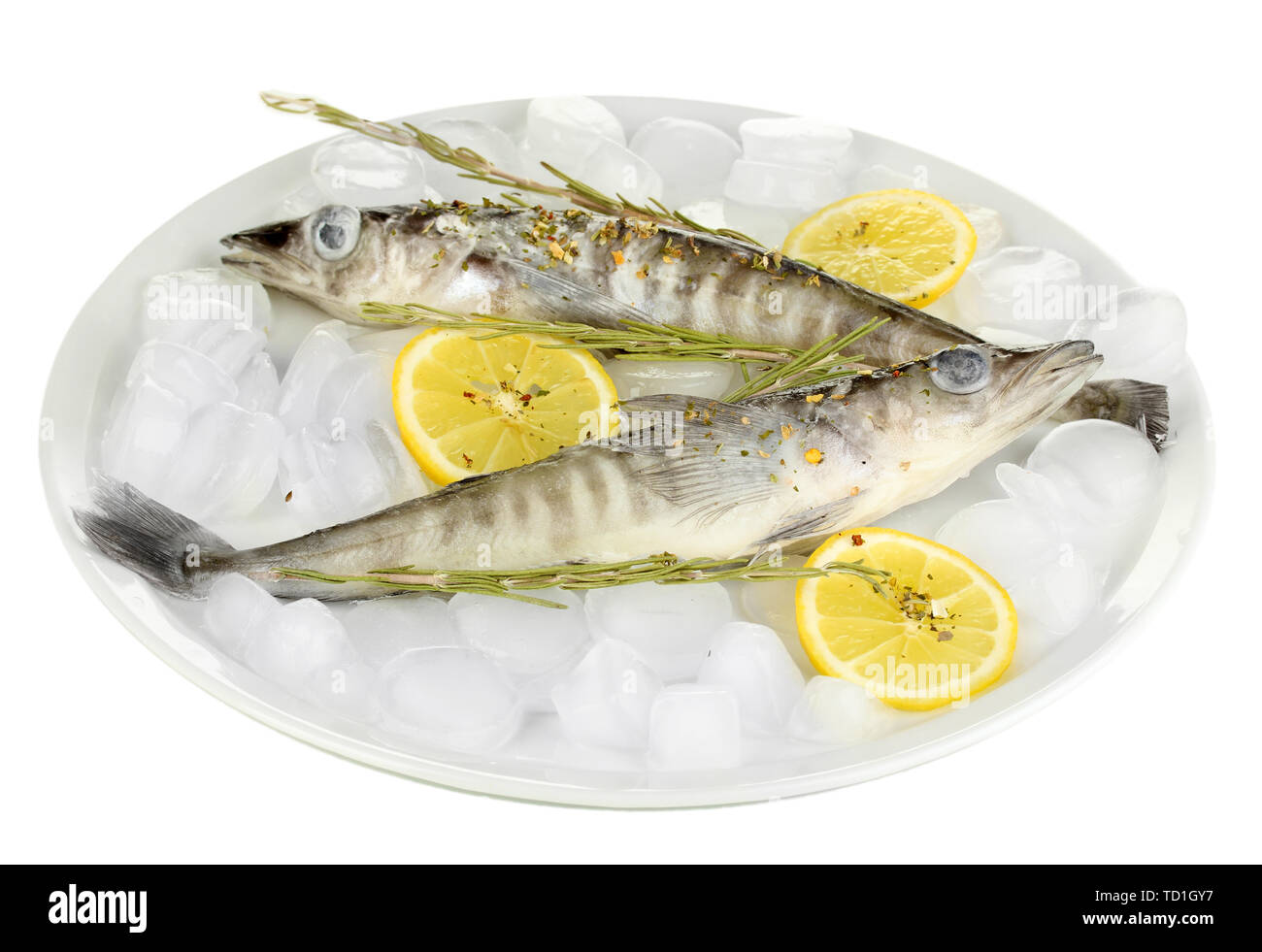 Frozen fishes in plate with ice isolated on white Stock Photo - Alamy