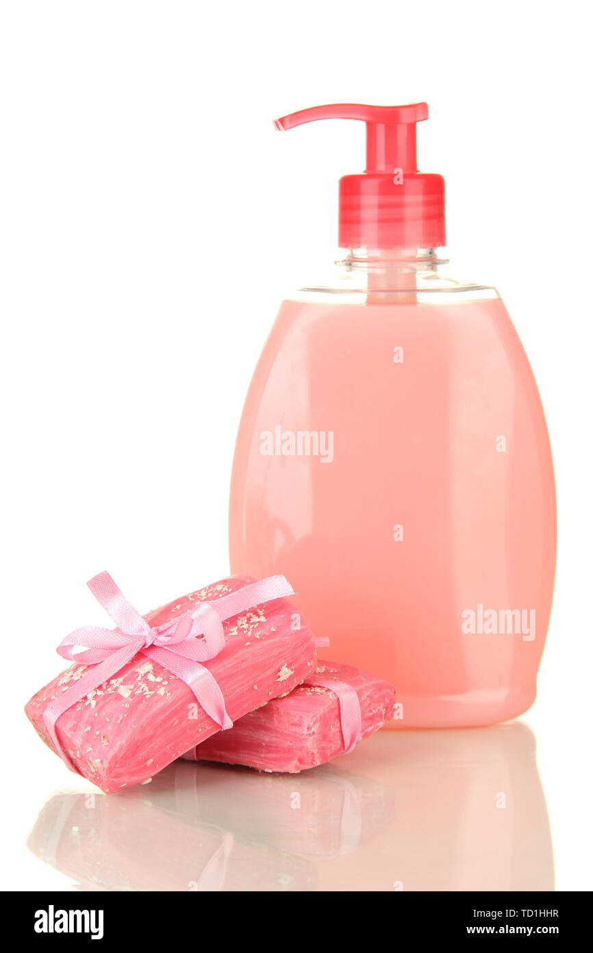 Liquid and hand-made soaps isolated on white Stock Photo - Alamy