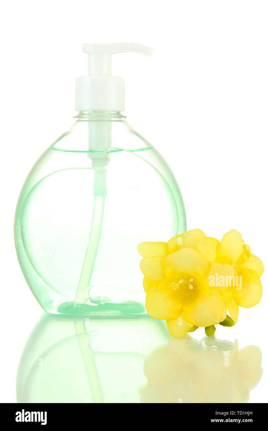 Bottle with liquid soap and flower isolated on white Stock Photo - Alamy