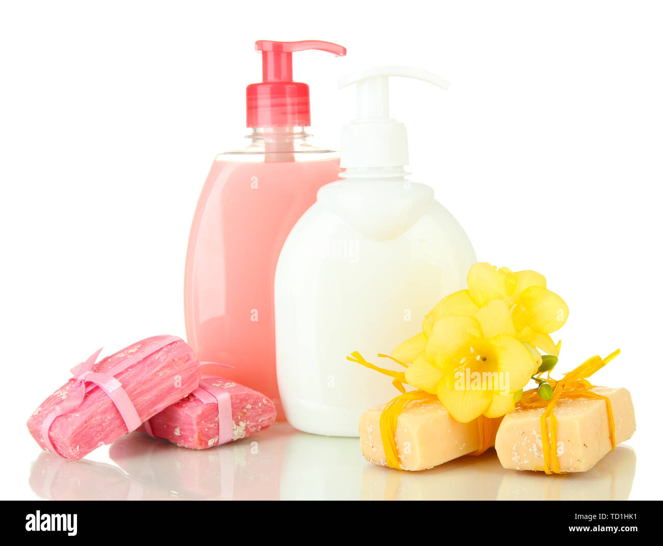 Liquid and hand-made soaps isolated on white Stock Photo - Alamy
