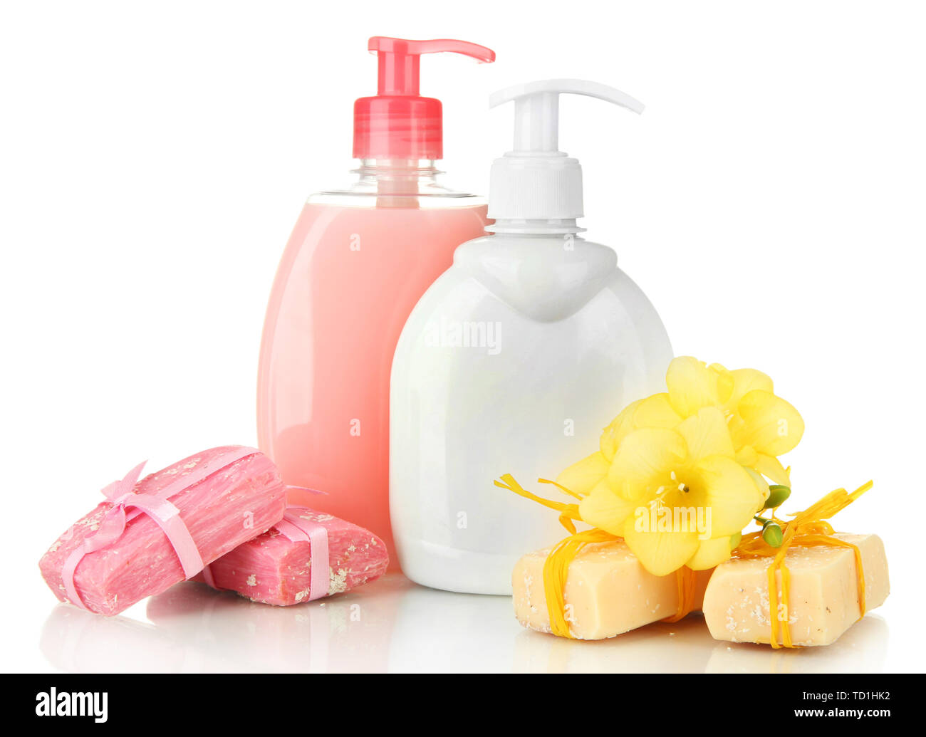Liquid and hand-made soaps isolated on white Stock Photo - Alamy