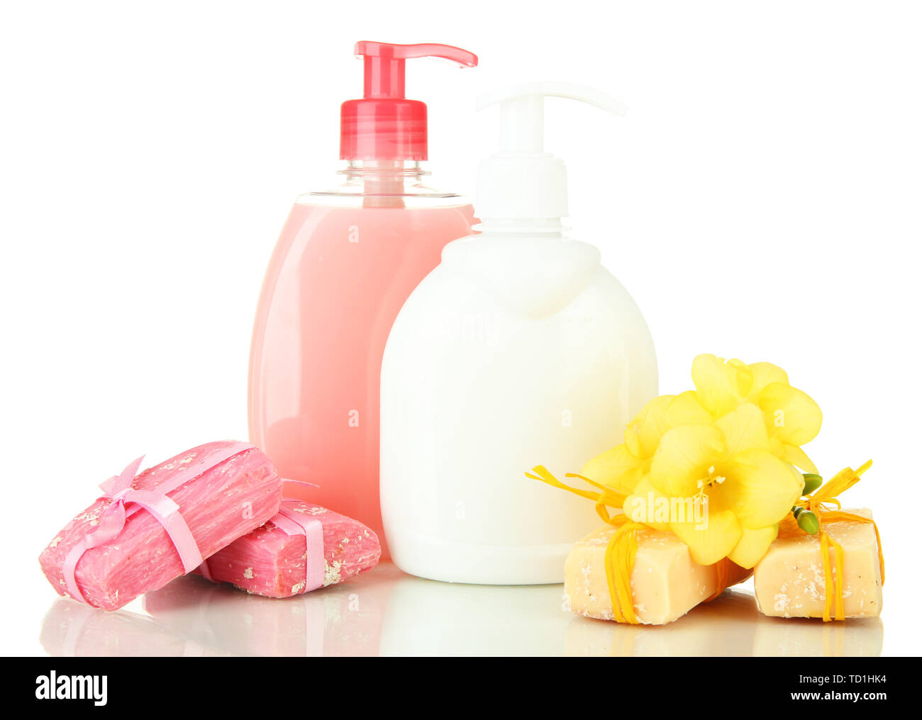 Liquid and hand-made soaps isolated on white Stock Photo - Alamy