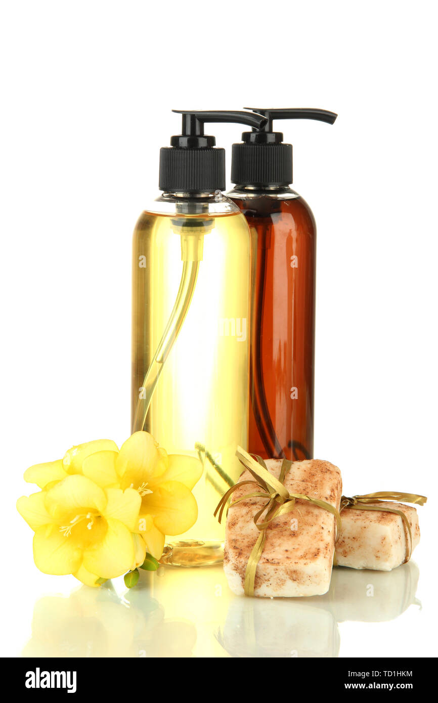 Liquid and hand-made soaps isolated on white Stock Photo - Alamy
