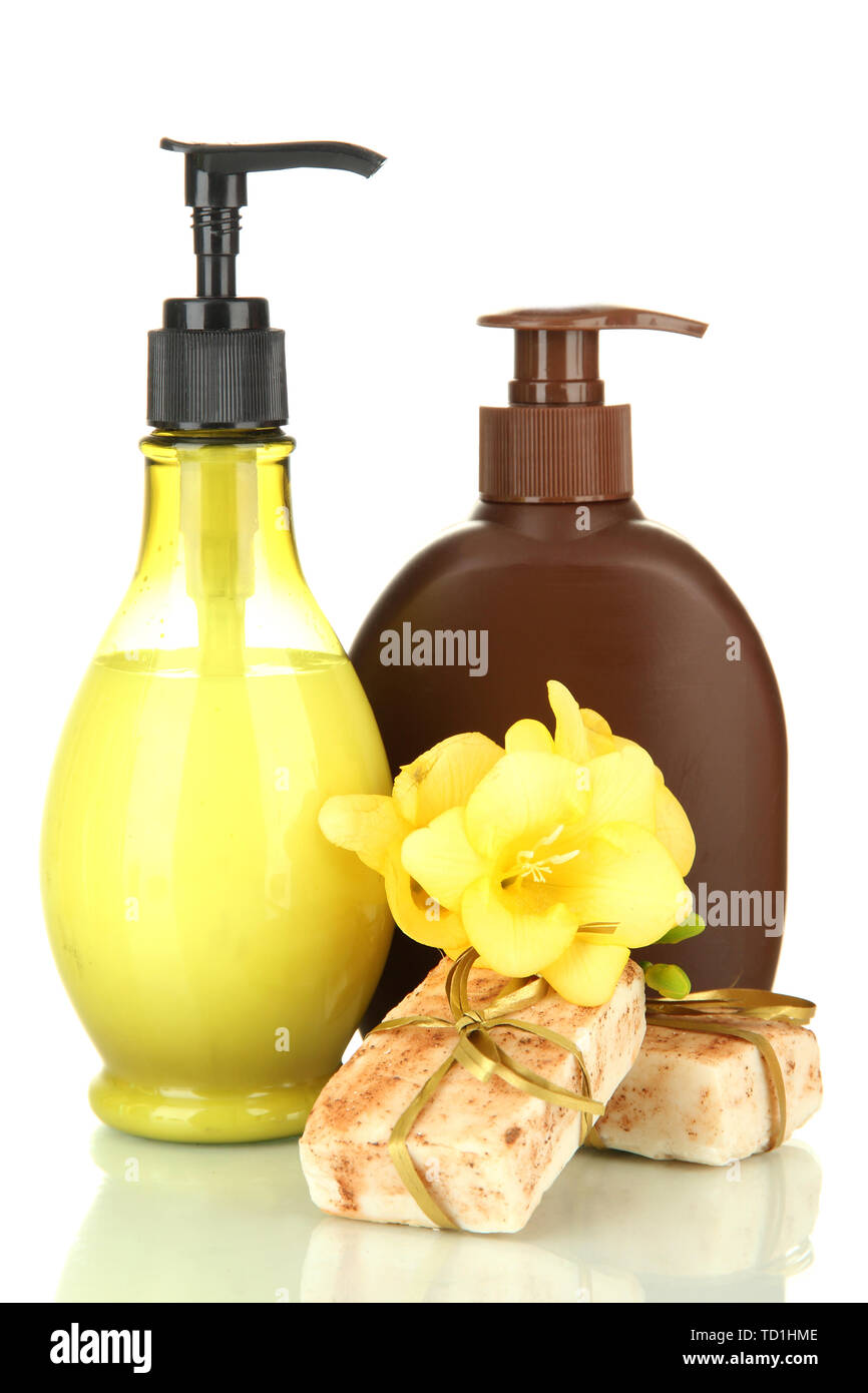 Liquid and hand-made soaps isolated on white Stock Photo - Alamy