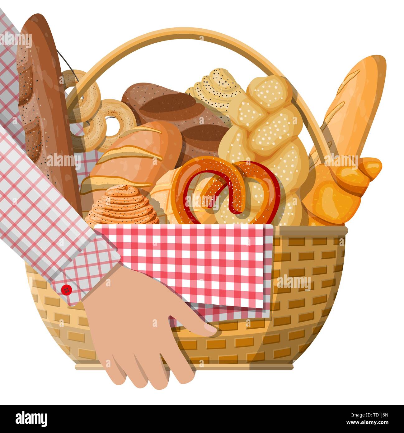 Bread icons and wicker basket in hand Stock Vector Image & Art - Alamy