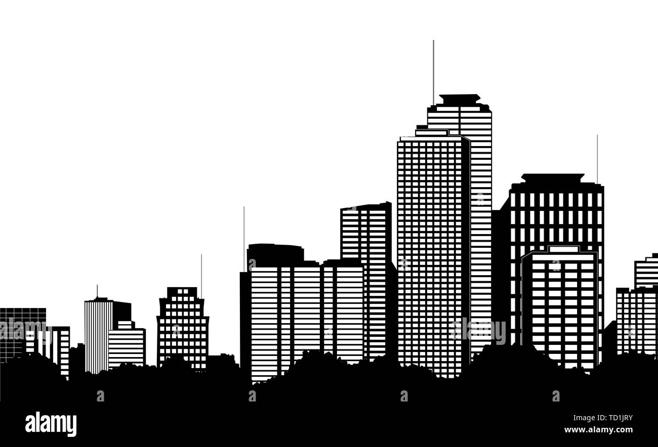 Cityscape illustration, skyscrapers and high-rise buildings above the ...