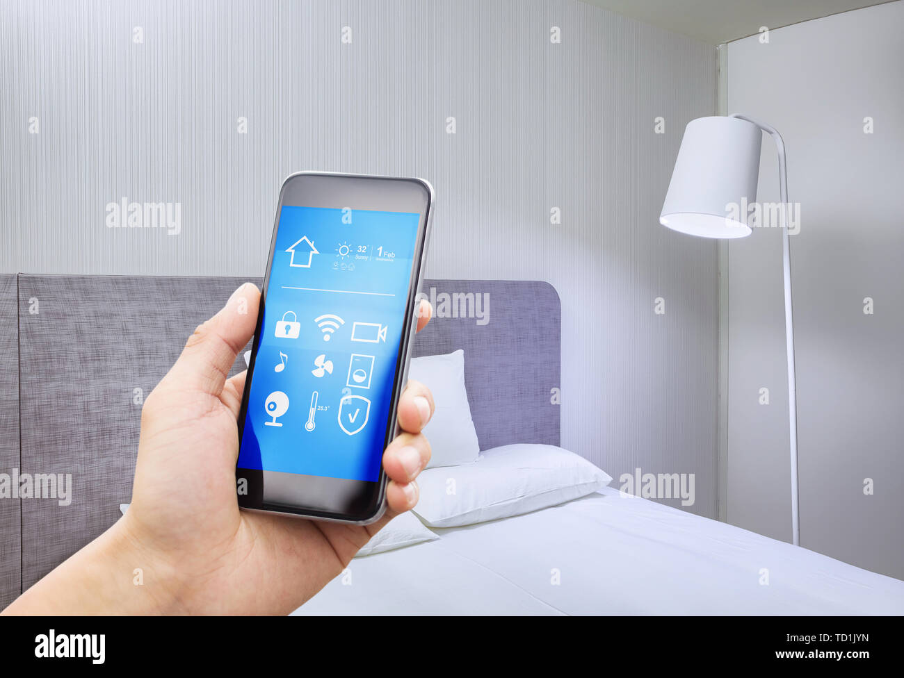 smart phone with smart home with modern bedroom Stock Photo - Alamy