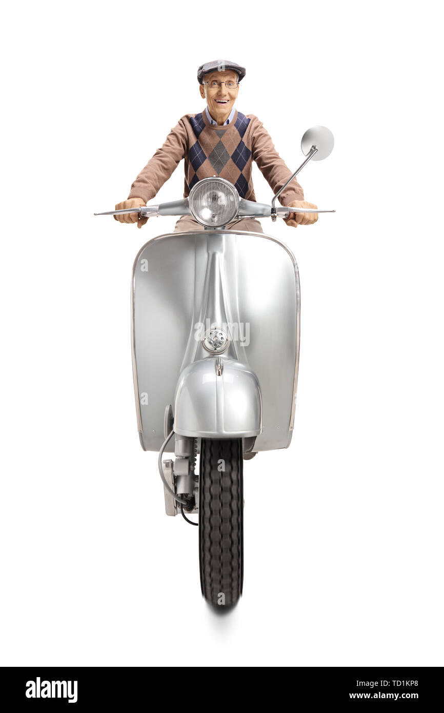 Cheerful elderly man riding a vintage scooter isolated on white ...