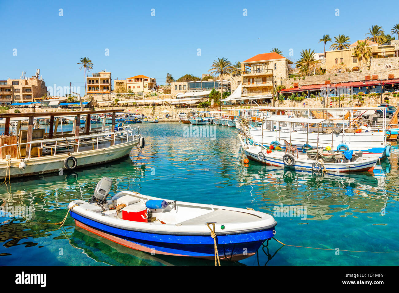 Mediterranean Jbeil port lagoon with anchored fishing boats, Biblos ...