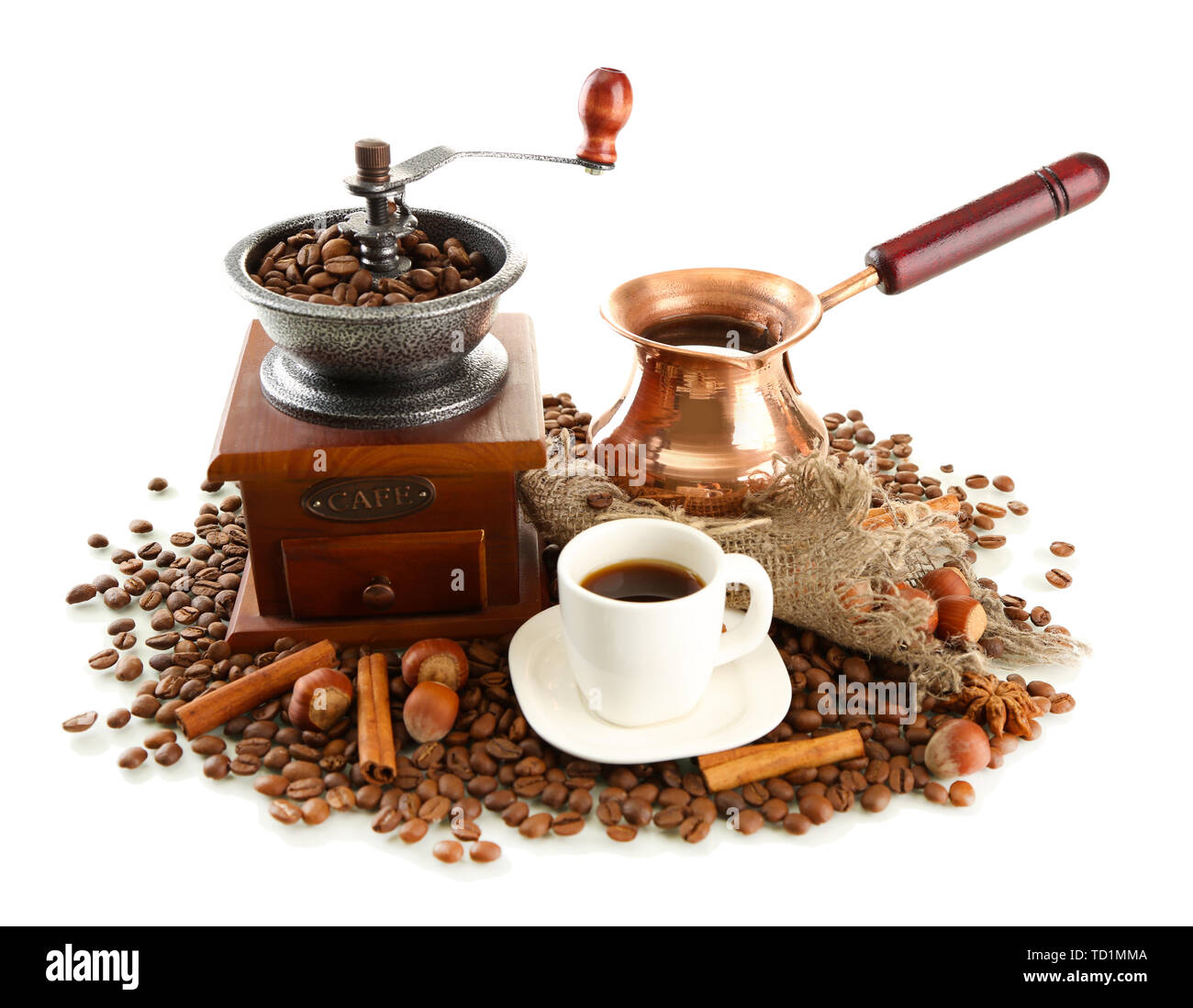 Cup and pot of coffee and coffee beans, isolated on white Stock Photo ...
