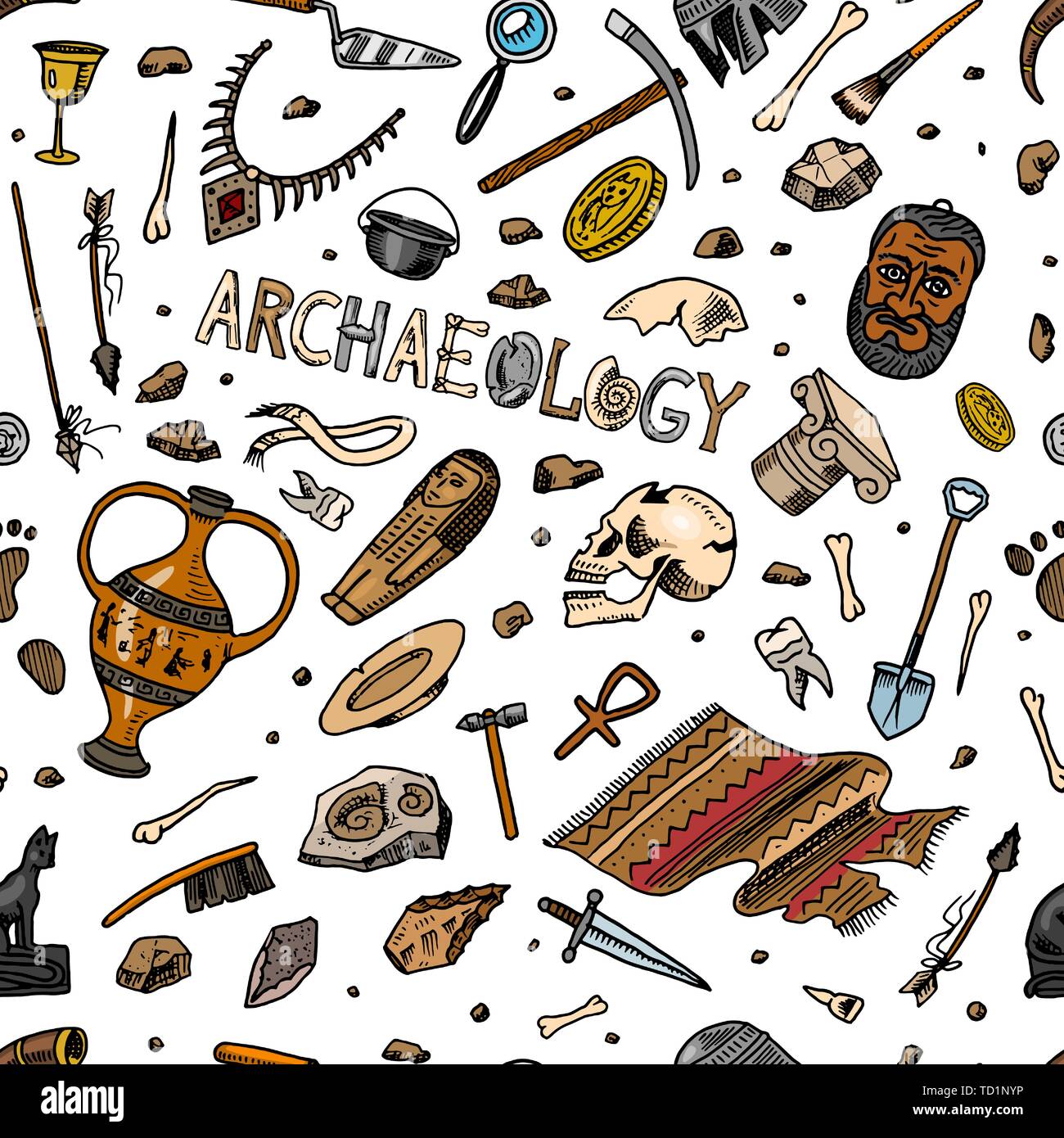 Archeology seamless pattern. Tools and science equipment, artifacts in ...