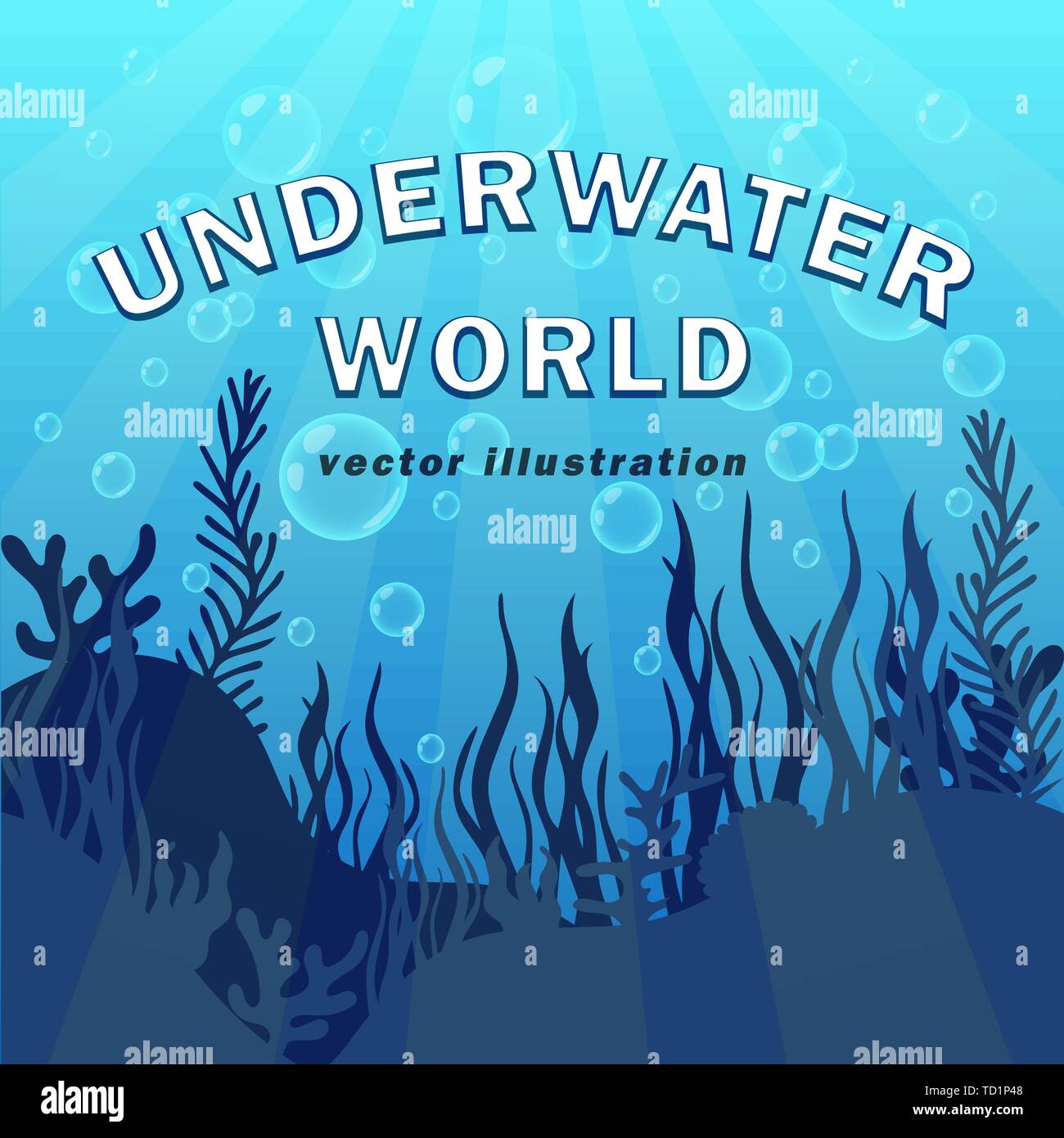 Underwater world background, seascape with reef and silhouette of algae ...