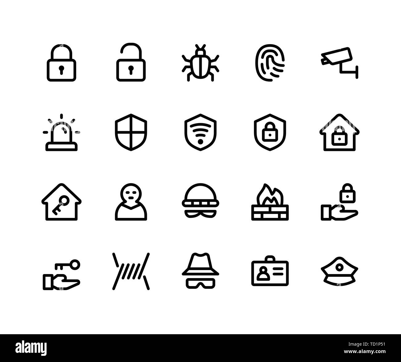 Simple Set of Security Related Vector Line Icons. Contains such Icons as lock, unlock, bug ...