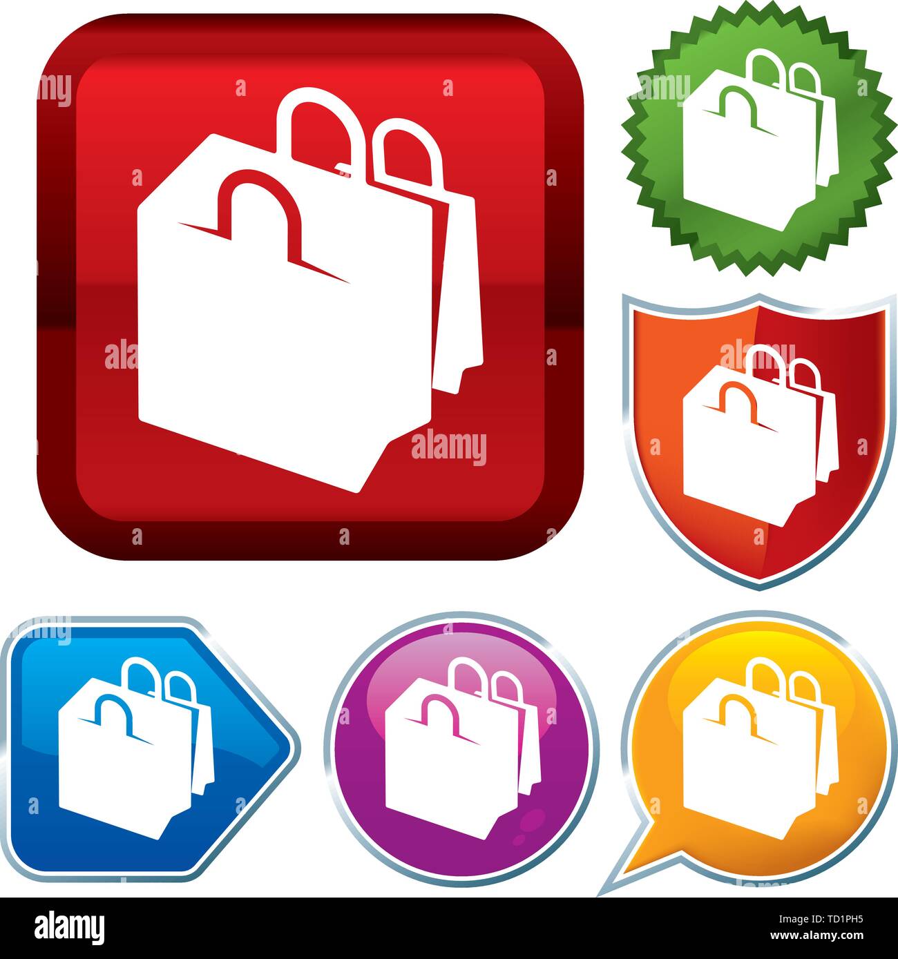 Vector illustration. Set shiny icon series on buttons. Shopping bag ...