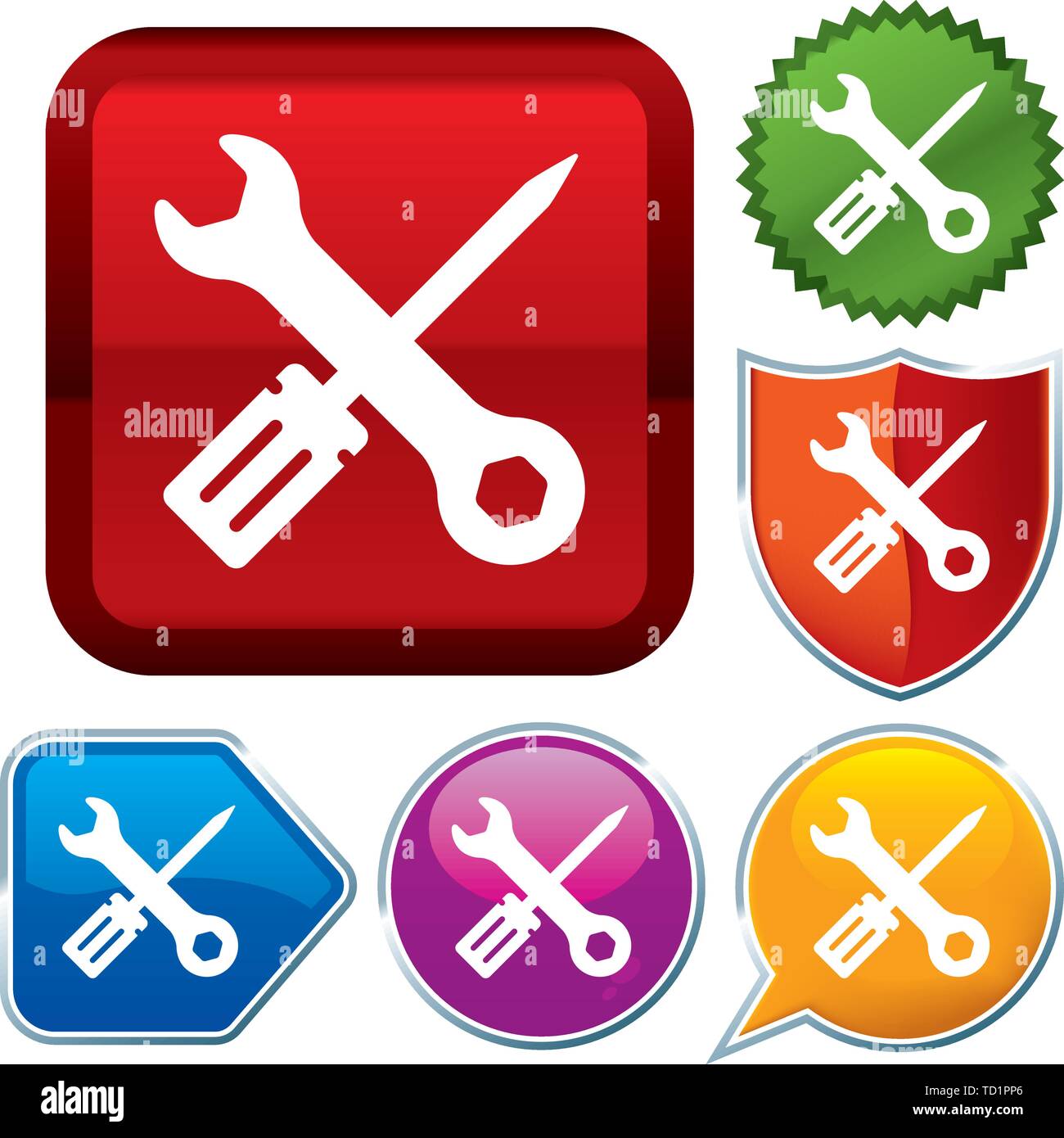 Vector illustration. Set shiny icon series on buttons. Tools Stock ...