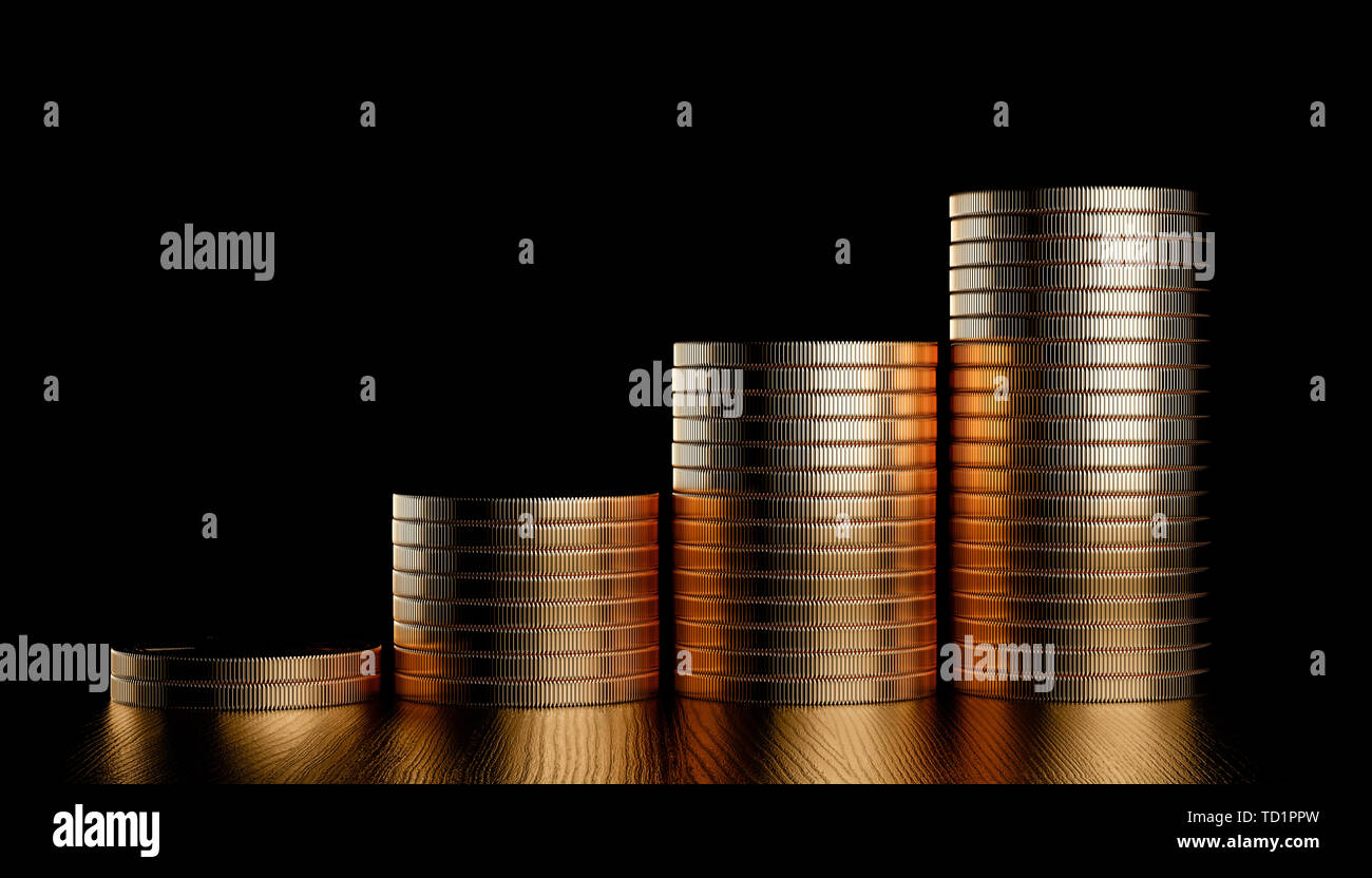 Golden coins chart. Isolated on black background. 3d rendering concept ...