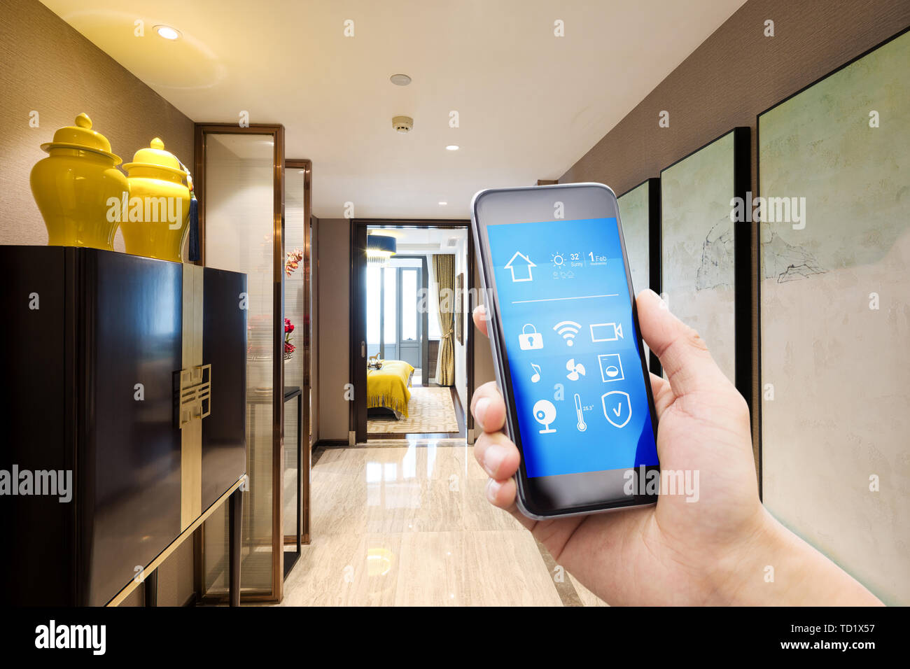 smart phone with smart home with modern corridor Stock Photo - Alamy