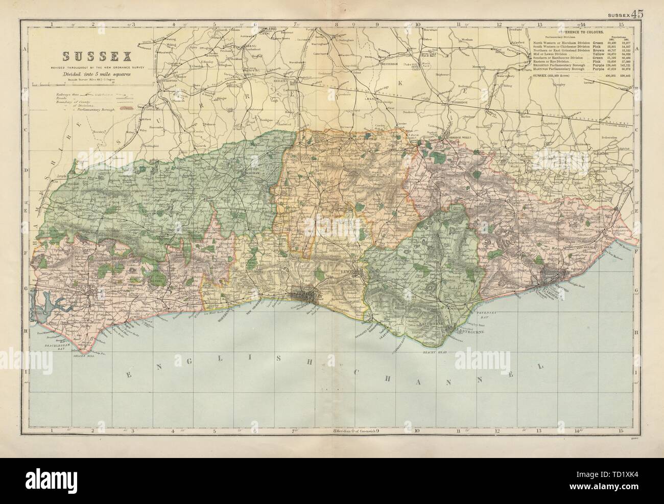 SUSSEX. County map. Parliamentary constituencies divisions. Railways ...