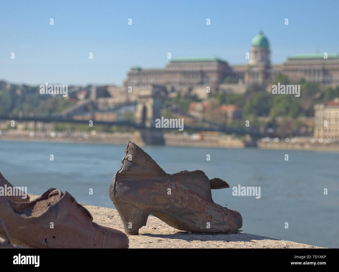 Budapest, April 2019: The shoes memorial on the river bank of the ...