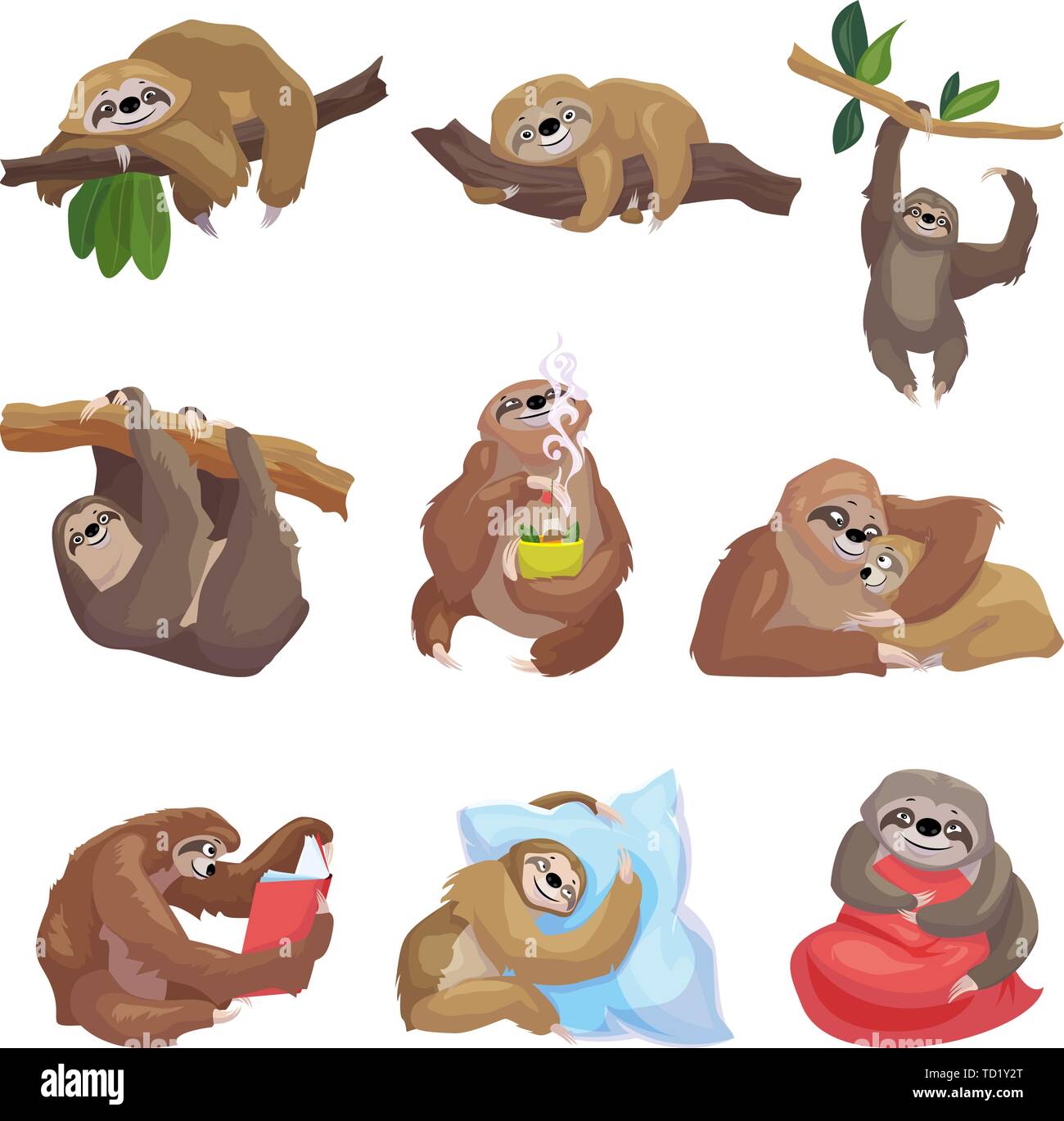 Sloth icons set. Cartoon set of sloth vector icons for web design Stock ...