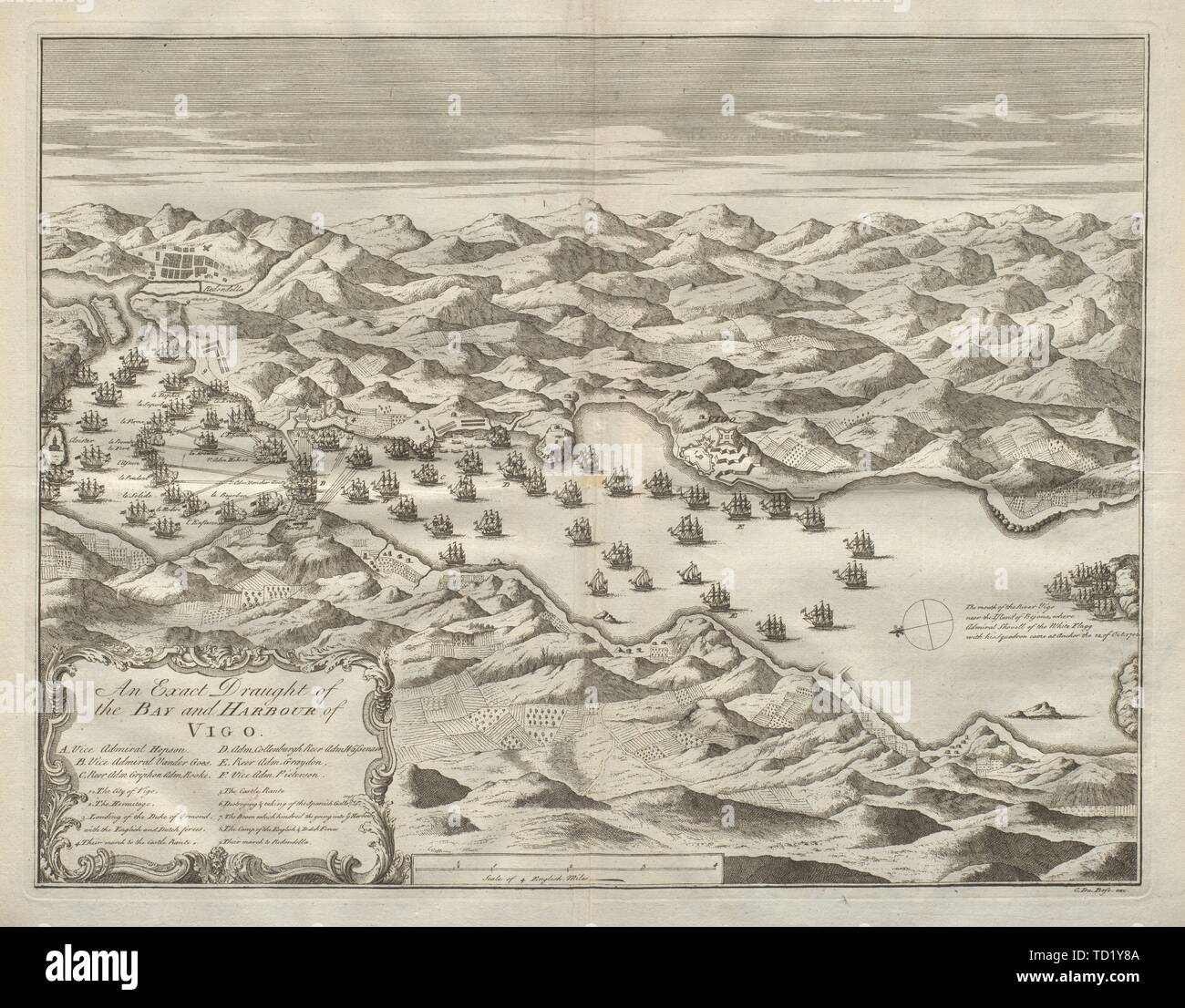 An exact draught of the Bay and Harbour of Vigo. 1702 Battle. DU BOSC ...