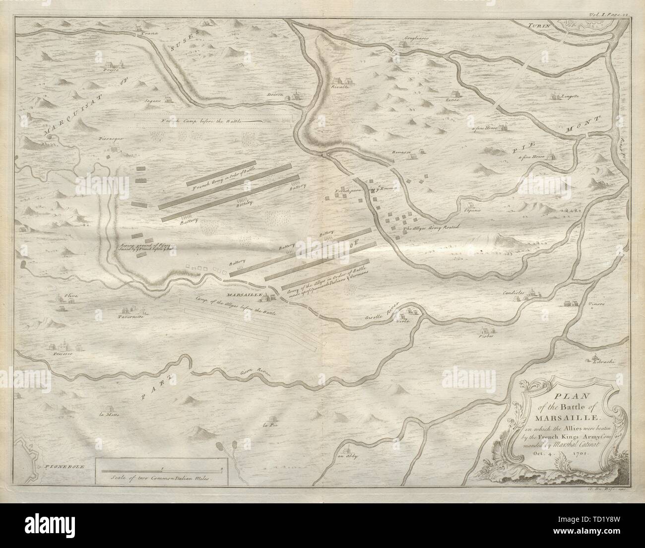 Plan of the Battle of Marsaille. Catinat. 1702. Macello, Turin. DU BOSC ...