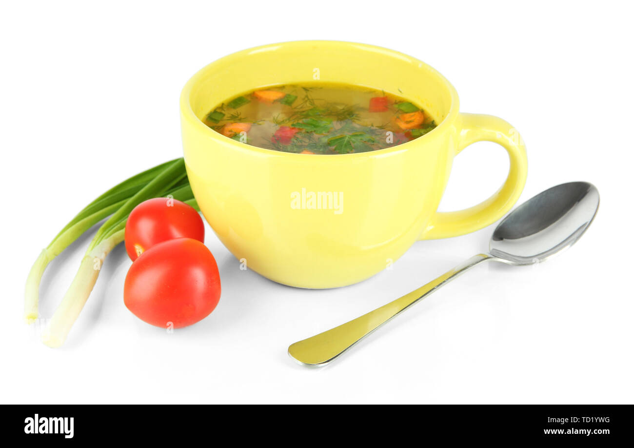 Fragrant soup in cup isolated on white Stock Photo - Alamy