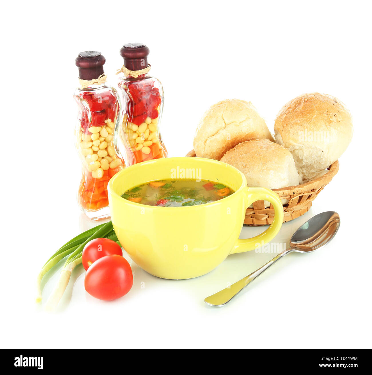 Fragrant soup in cup isolated on white Stock Photo - Alamy