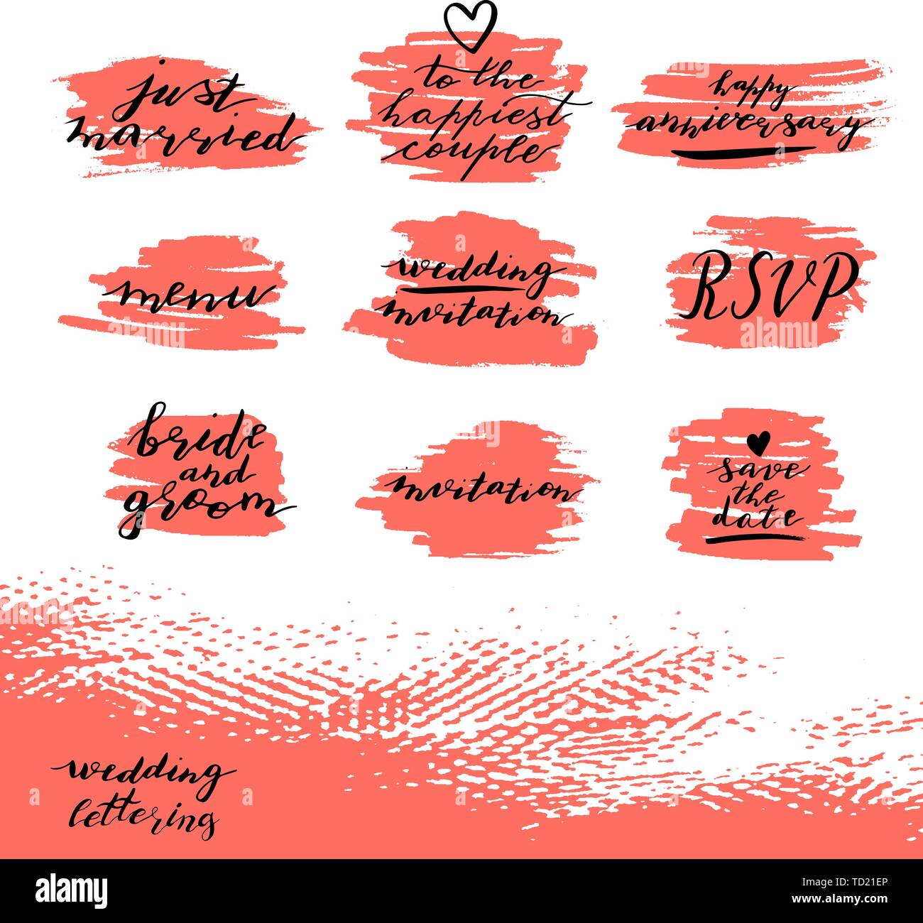 Set of Custom hand lettering phrases save the date, rsvp, bride and groom, wedding invitation ...