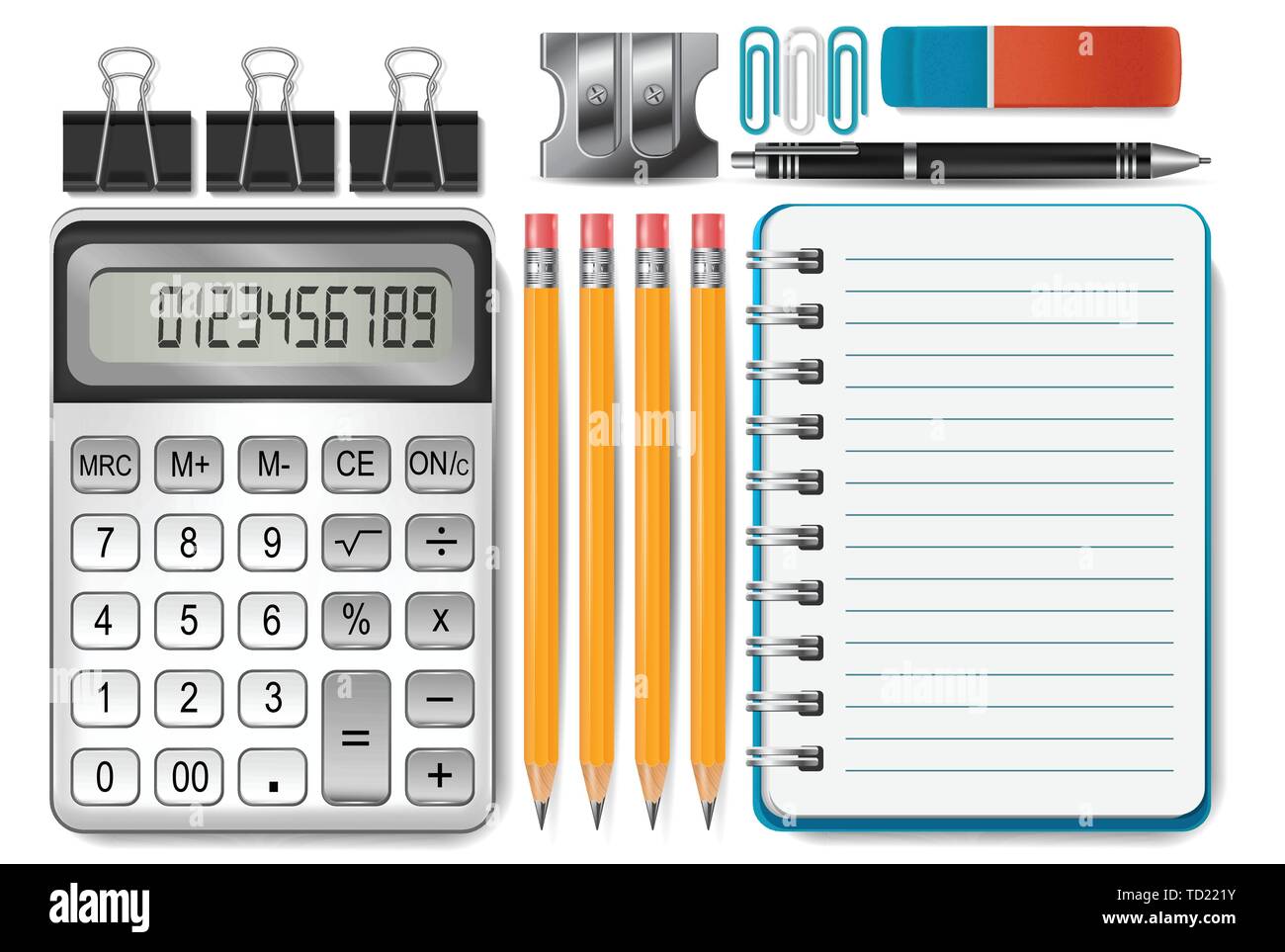 A set of realistic stationery objects on white background. Vector ...