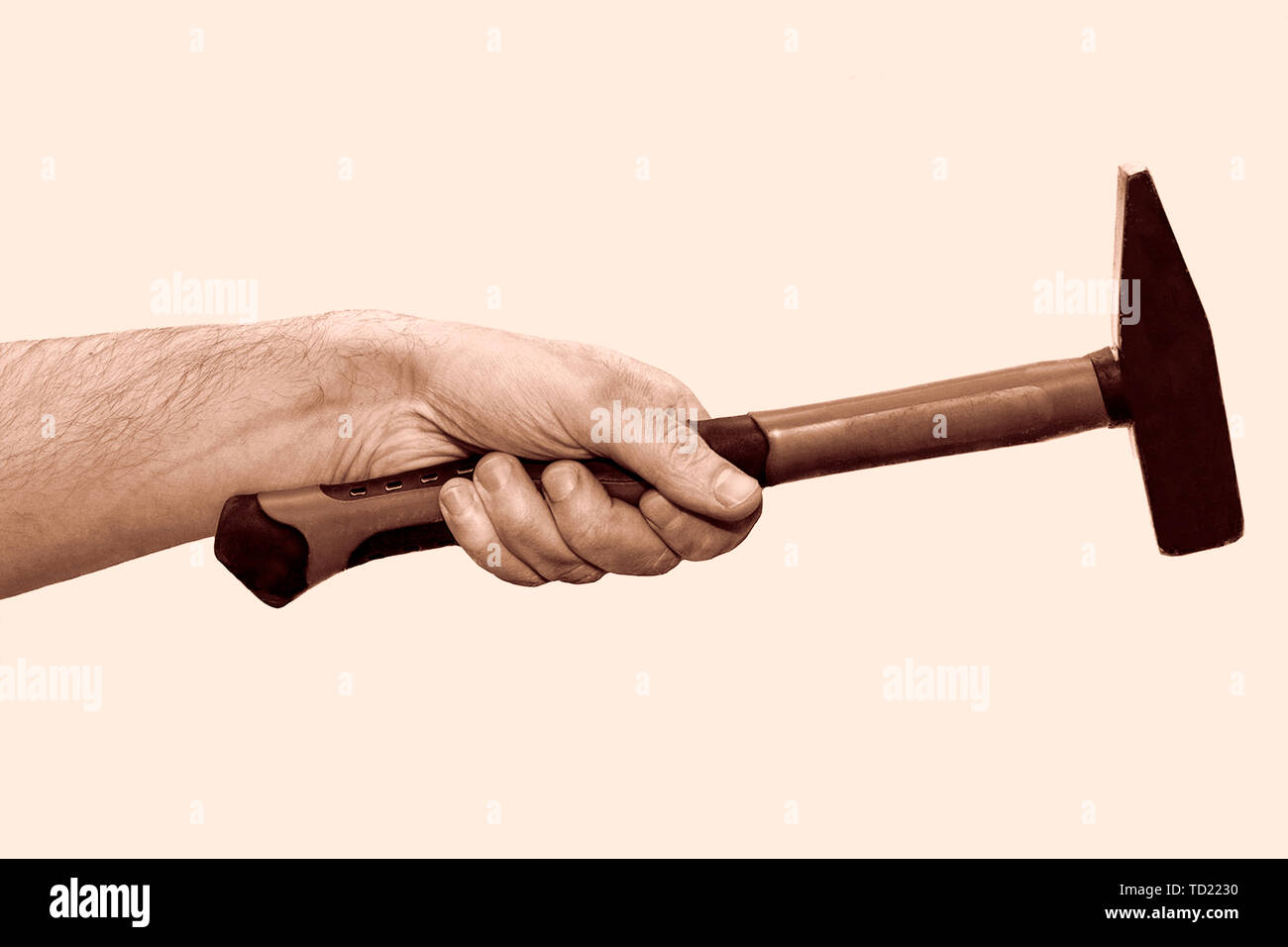 Hand holding red hammer isolated on white background Stock Photo - Alamy