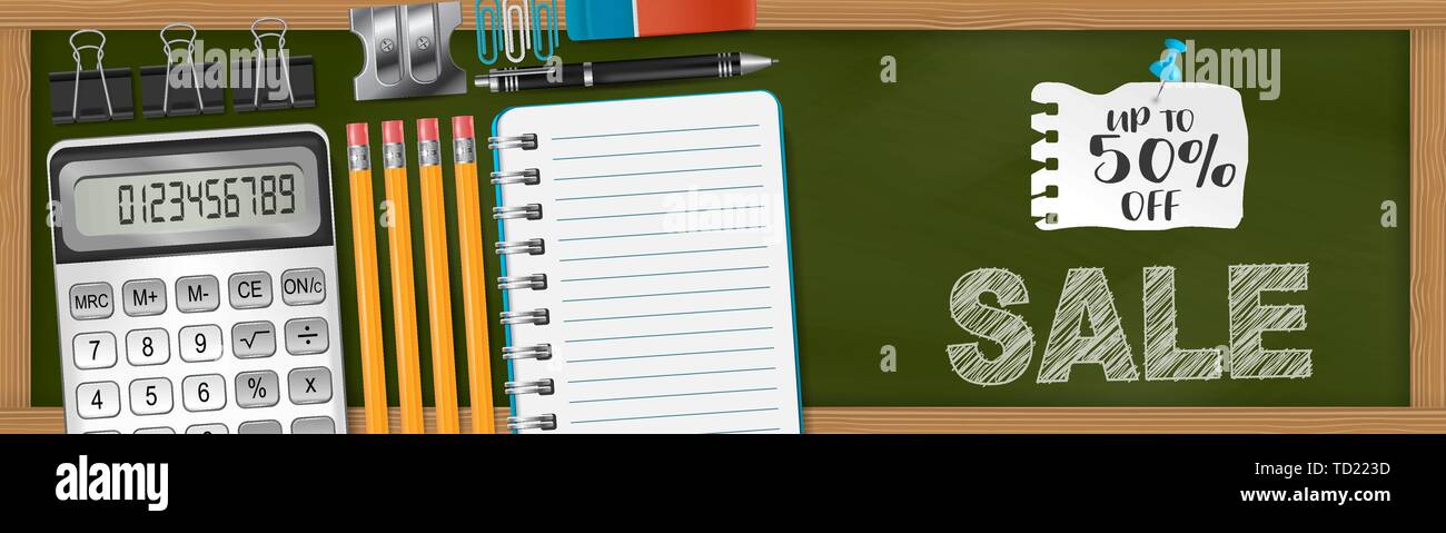 Office supplies and school stationery objects. Horizontal banner or ...