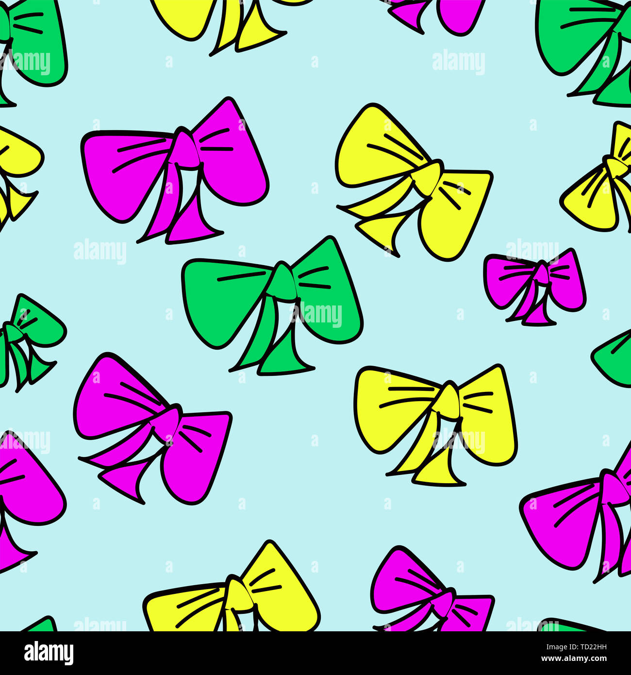 Cute seamless background with hand drawn colorful bows on pastel blue ...