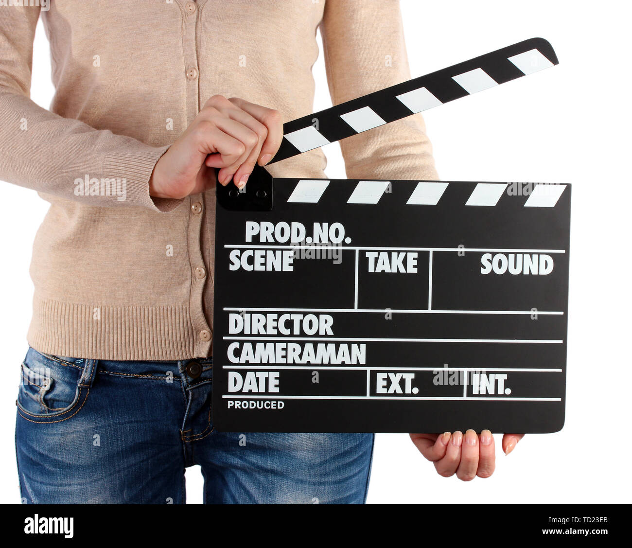 Movie production clapper board in hands isolated on white Stock Photo ...