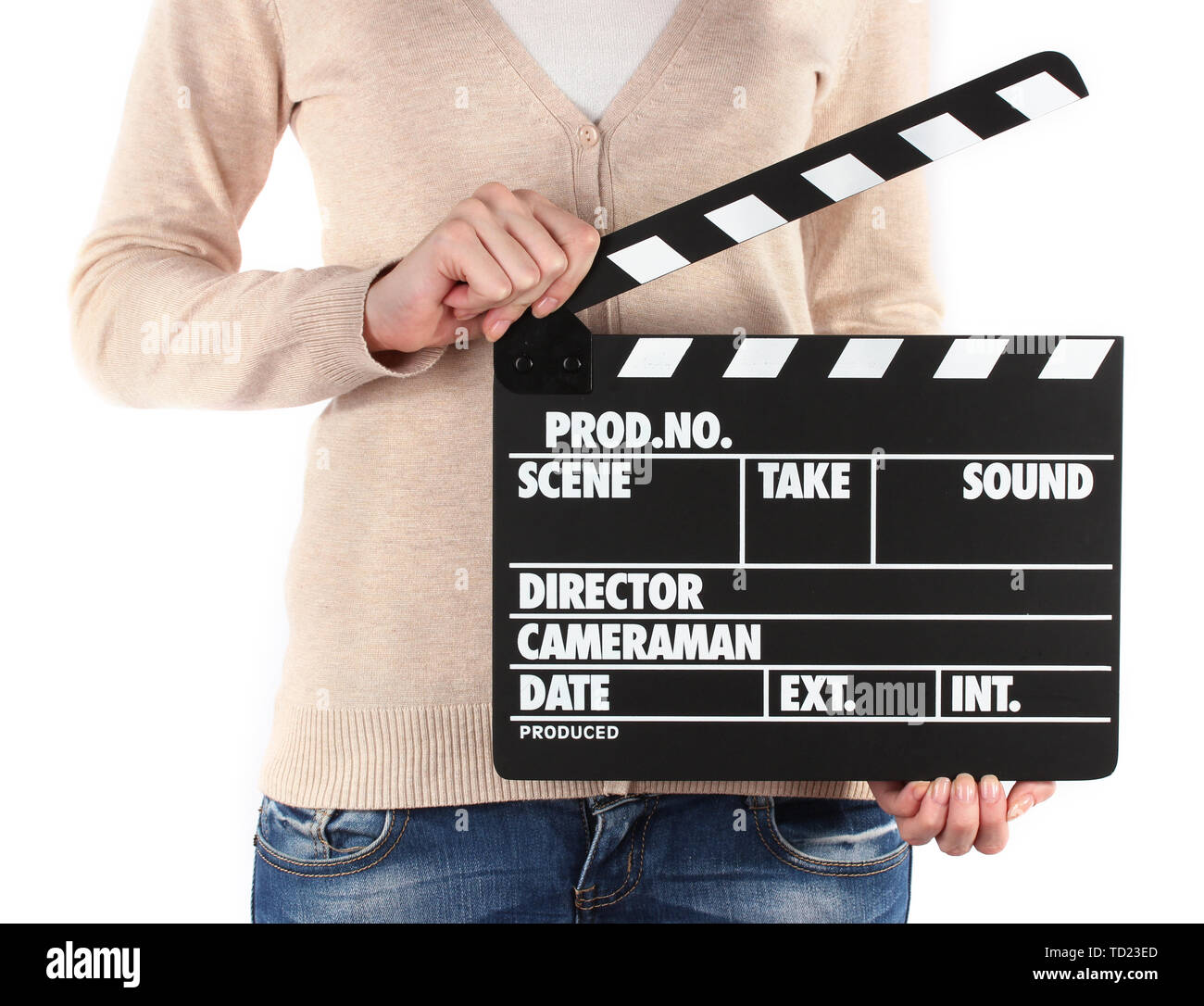 Movie production clapper board in hands isolated on white Stock Photo ...