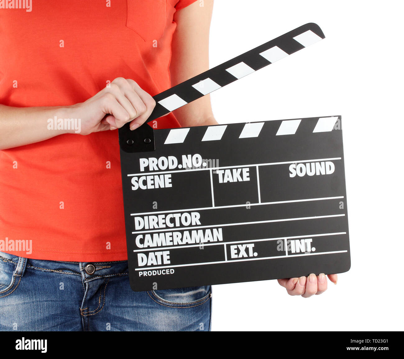 Movie production clapper board in hands isolated on white Stock Photo ...
