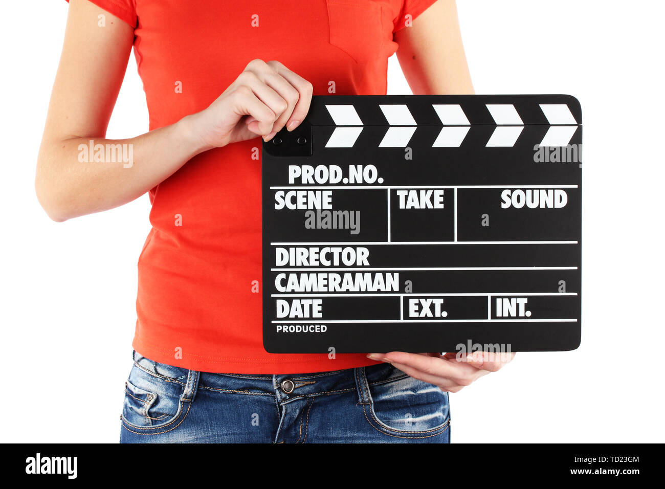 Movie production clapper board in hands isolated on white Stock Photo ...