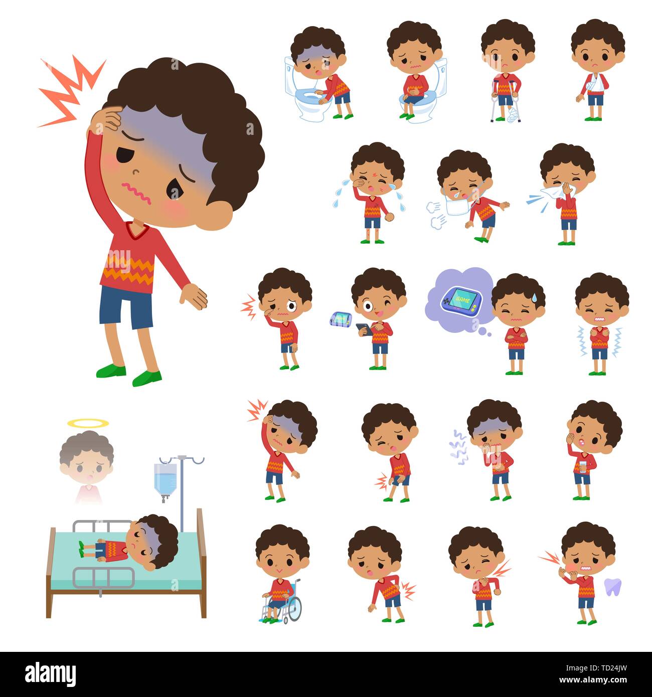 A set of boy with injury and illness.There are actions that express ...