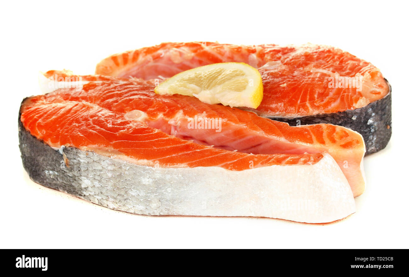 Pieces of red fish isolated on white Stock Photo - Alamy