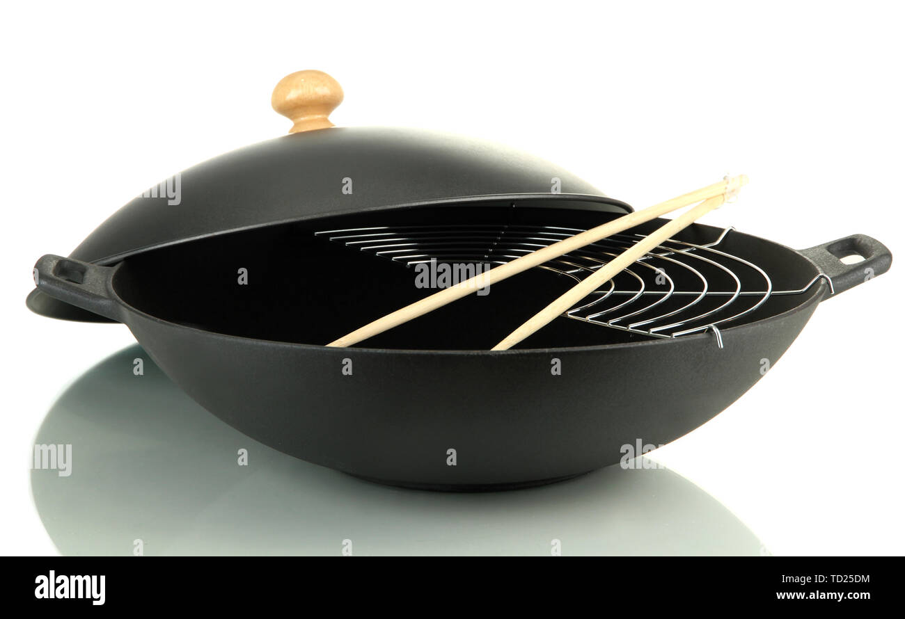 Black wok pan isolated on white Stock Photo - Alamy