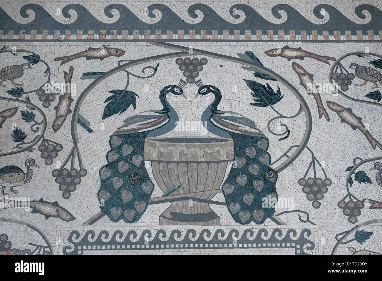 Floor mosaic with figures of a peacocks at the entrance to the Greek ...