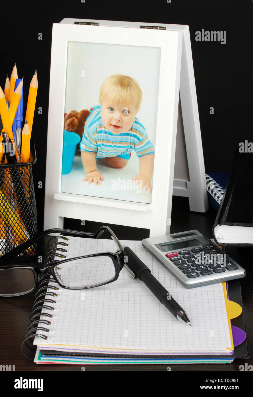 White photo frame on office desk on grey background Stock Photo - Alamy