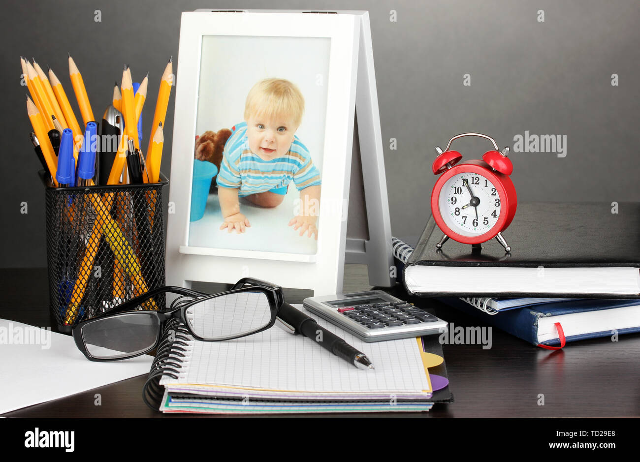 White photo frame on office desk on grey background Stock Photo - Alamy