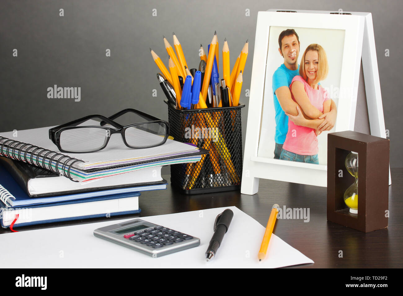 White photo frame on office desk on grey background Stock Photo - Alamy